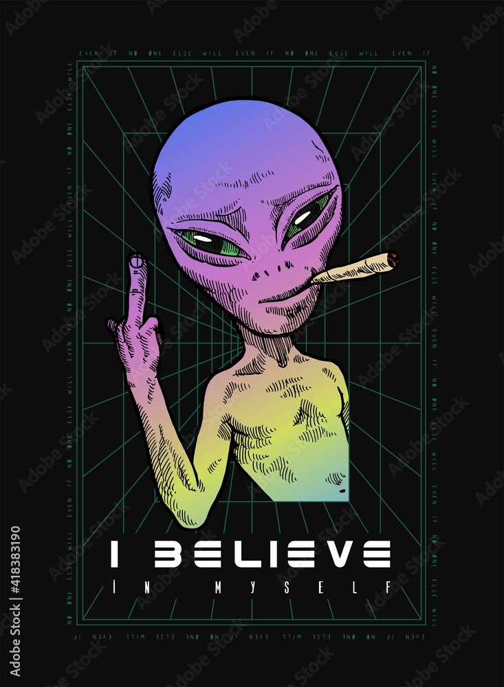 Neon colored alien giving a finger and smoking weed, 90s style UFO t ...