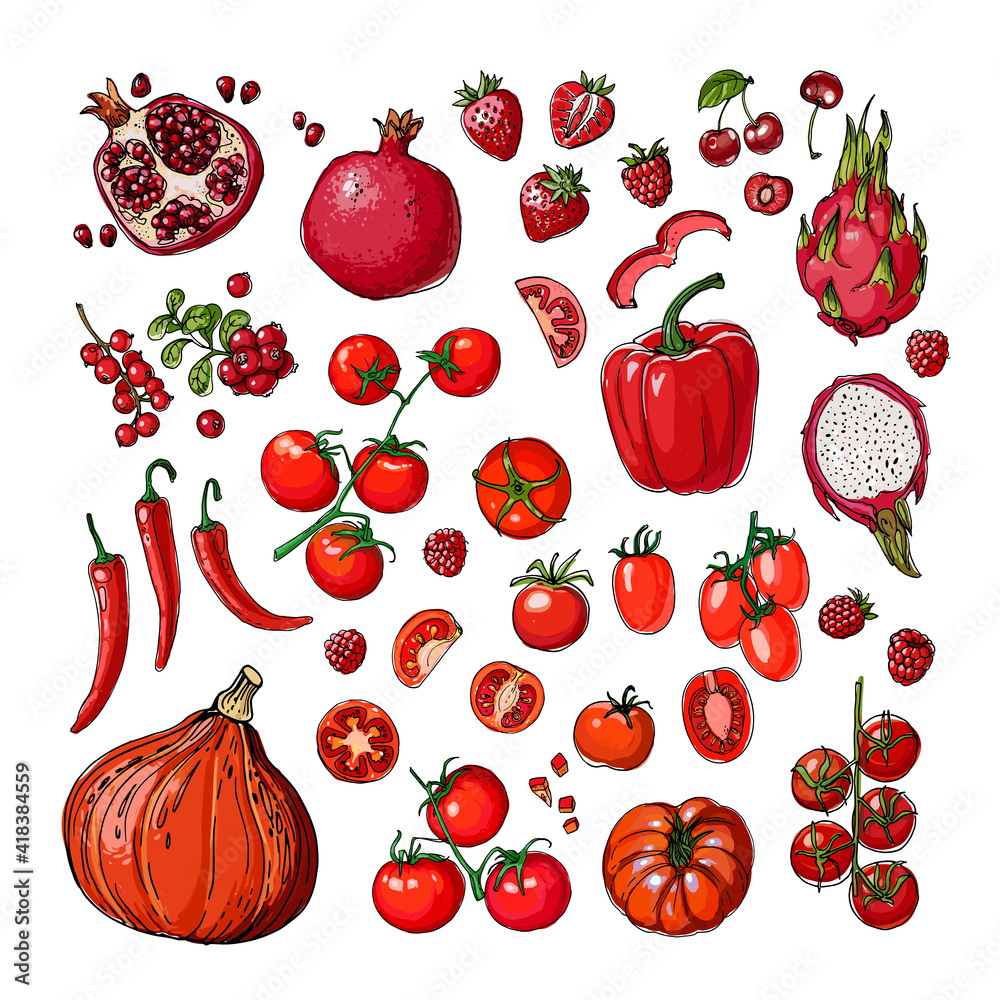 Red. Vector food. Colored vegetables and fruits on a white background ...