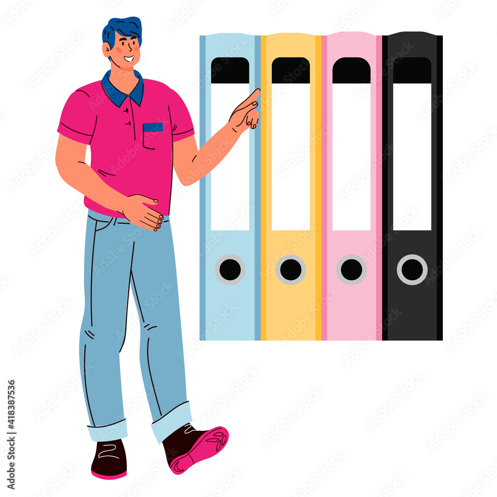 Young man pointing at files and folders with documents, cartoon vector ...