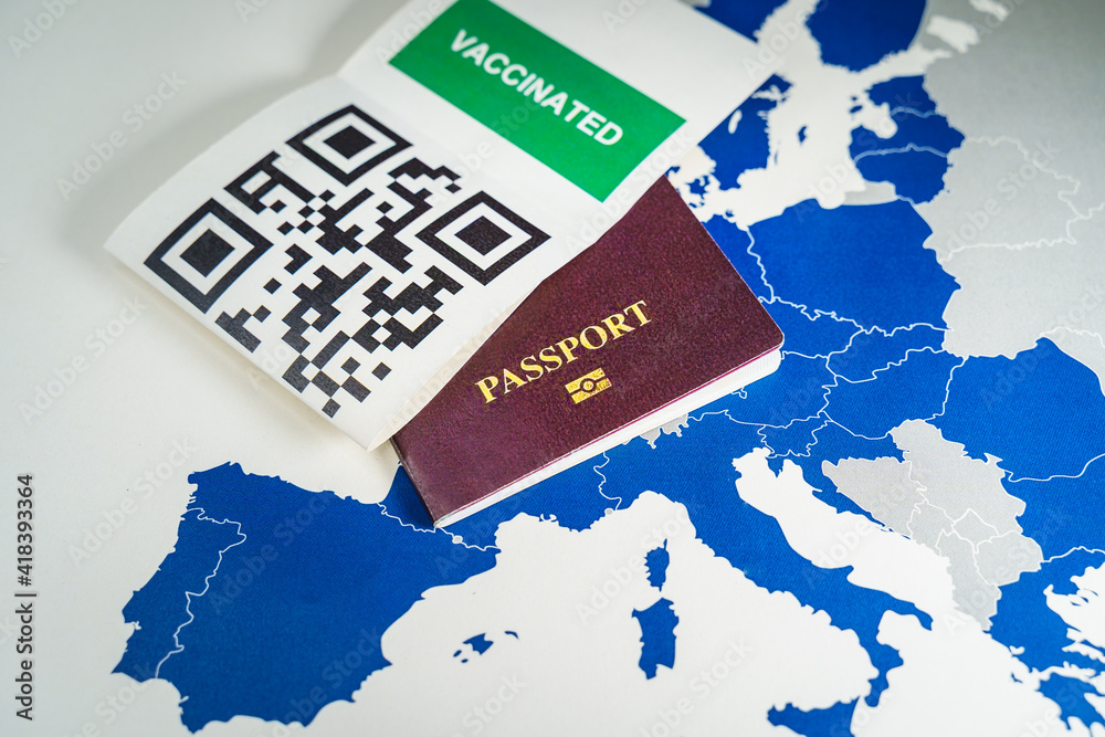 Digital green passport with QR code over an EU map.The European Union ...