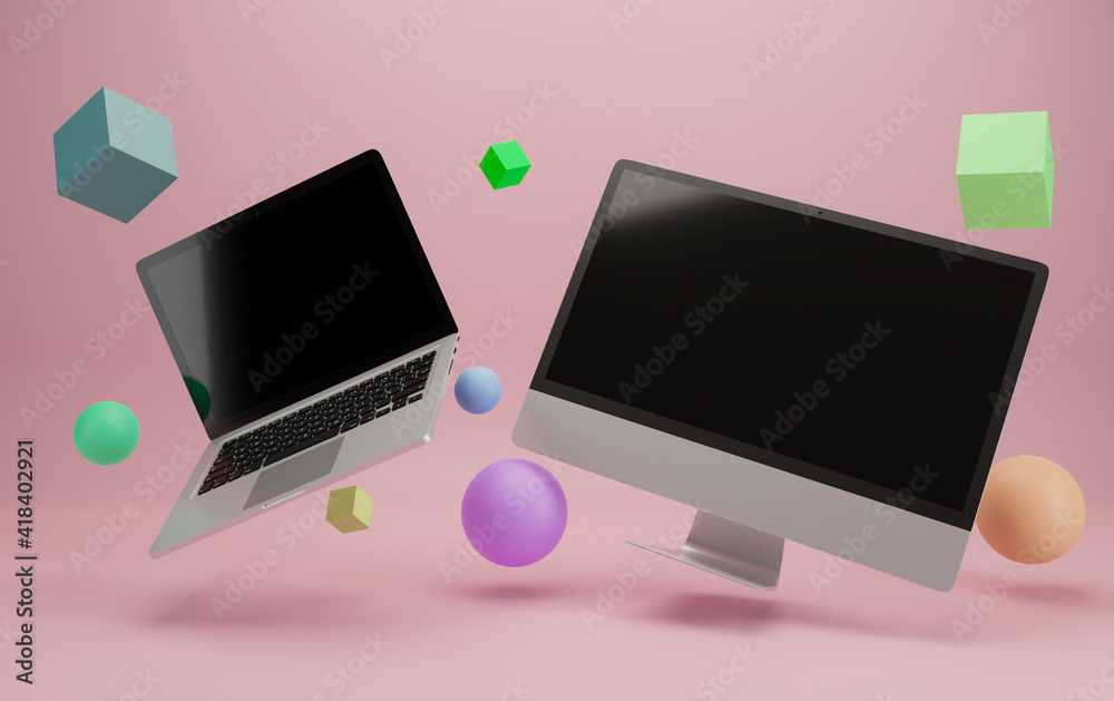 flying laptop and desktop computer rounded by 3d primitive objects ...