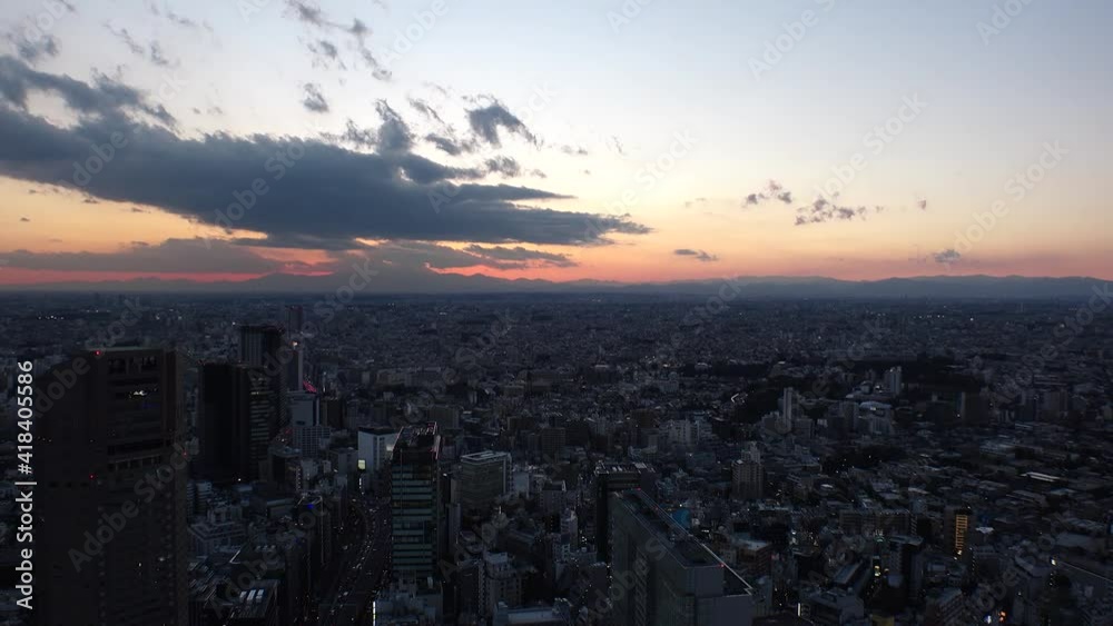 TOKYO, JAPAN : Aerial high angle sunset CITYSCAPE of TOKYO. View of ...