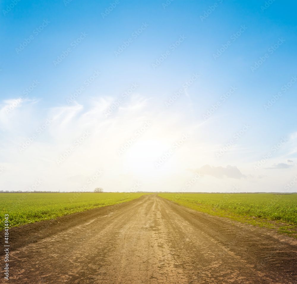 ground road among green fields at the sunset, countryside rural ...