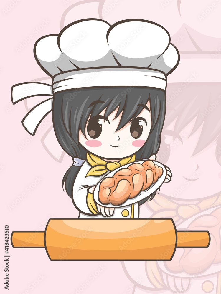 cute bakery chef girl holding a cake and bread - cartoon character and ...