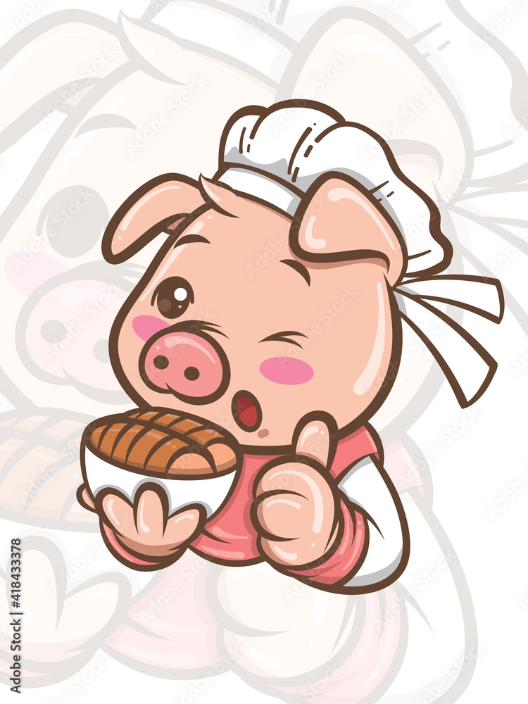 Cute chef pig cartoon character presenting crispy pork belly food ...