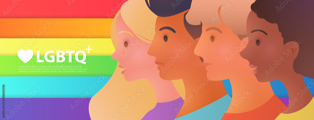 Love LGBTQ Banner with portraits of young activists over a colorful ...