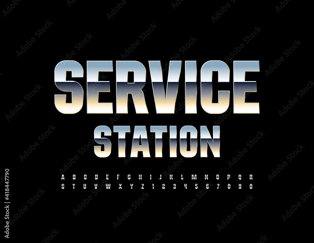 Vector modern logo Service Station. Reflective Chrome Font. Metallic ...