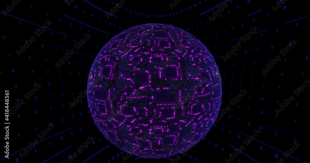 Violet 3D digital concept, sphere planet with circuit board and cpu ...