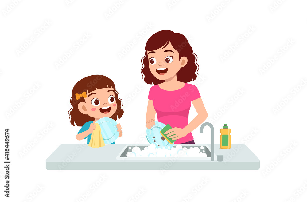 happy cute little girl washing dish with mother Stock Vector | Adobe Stock