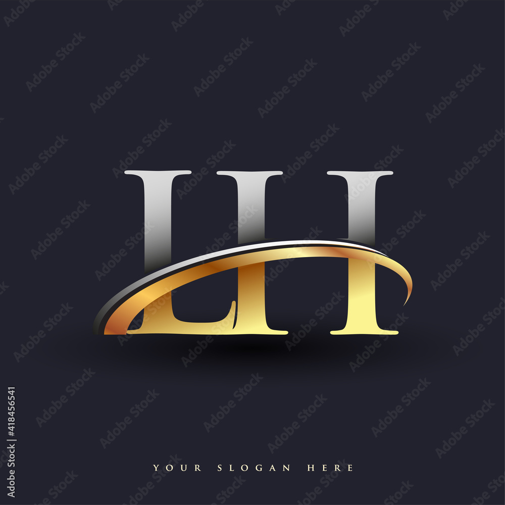 LH initial logo company name colored gold and silver swoosh design ...