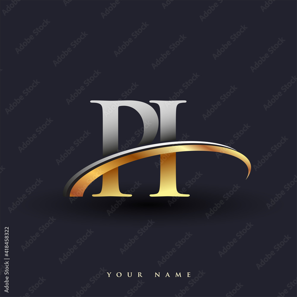 PI initial logo company name colored gold and silver swoosh design ...