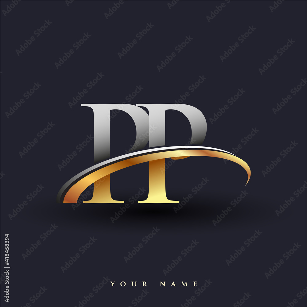 PP initial logo company name colored gold and silver swoosh design ...
