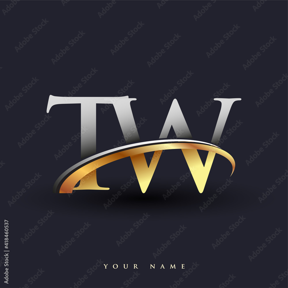 TW initial logo company name colored gold and silver swoosh design ...