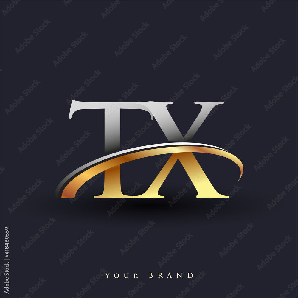 TX initial logo company name colored gold and silver swoosh design ...