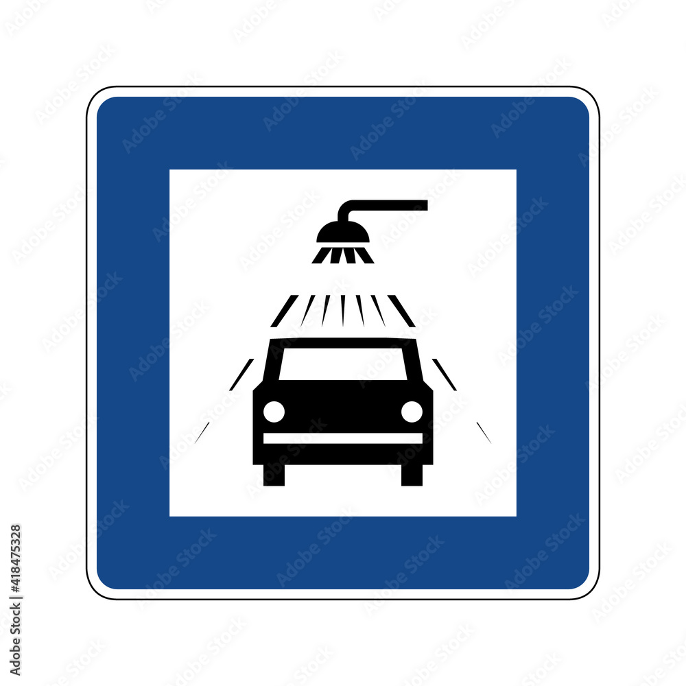 Car wash road sign. Vector illustration of blue square traffic sign ...