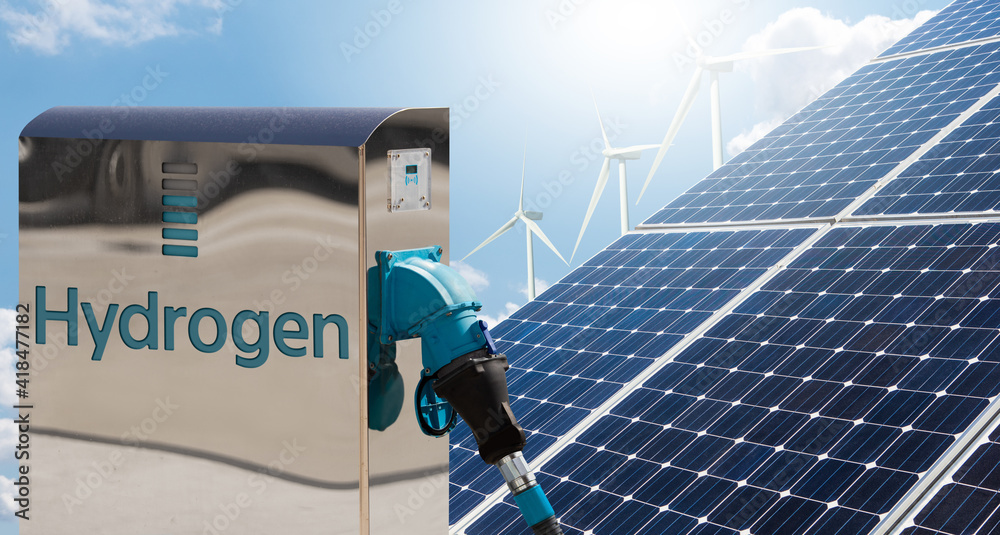 Hydrogen gas station with solar panels and wind turbines in the ...