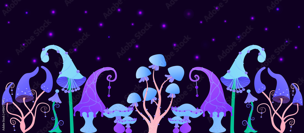 Horizontal banner with mystic mushrooms glowing on dark background ...