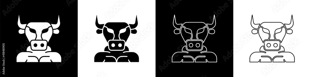 Set Minotaur icon isolated on black and white background. Mythical ...