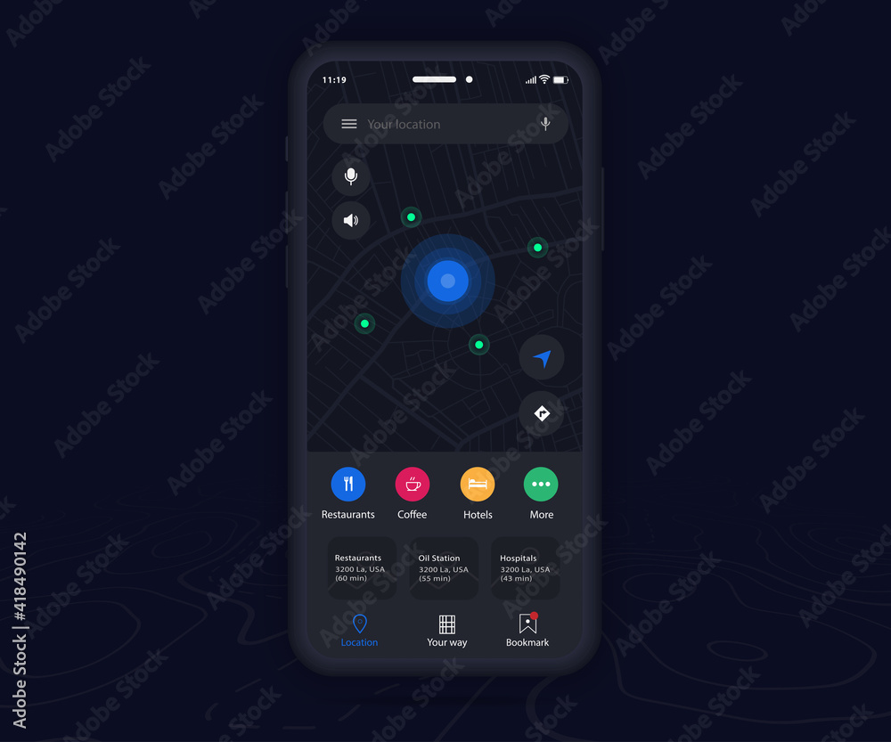 Smartphone Map Gps Navigation App Dark Mode Ux Ui Concept Mobile Map