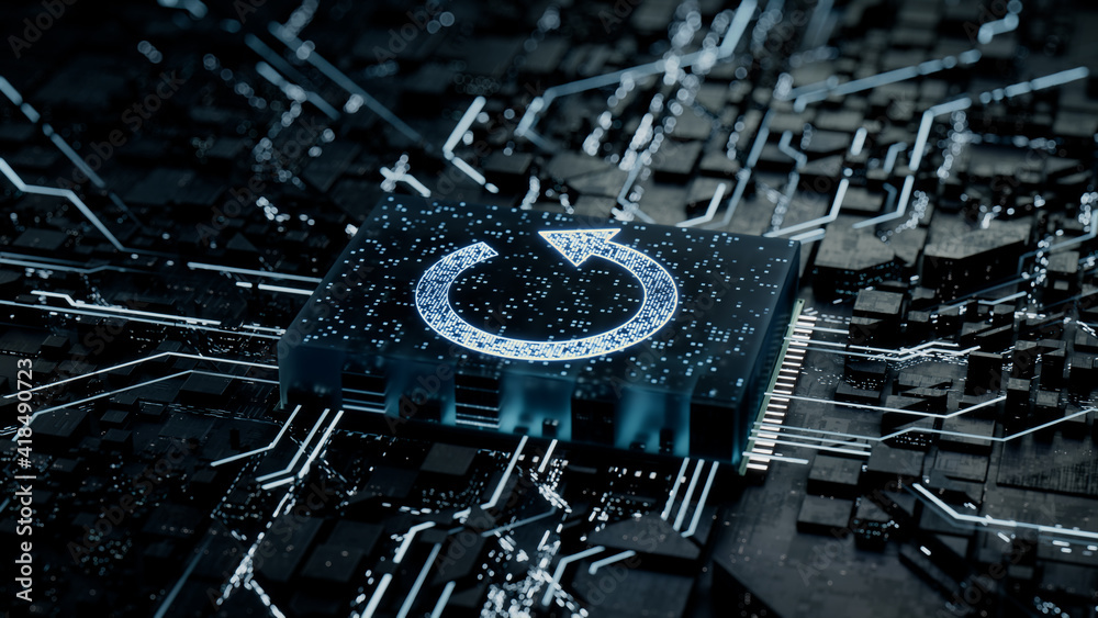 Reload Technology Concept with refresh symbol on a Microchip. Data ...