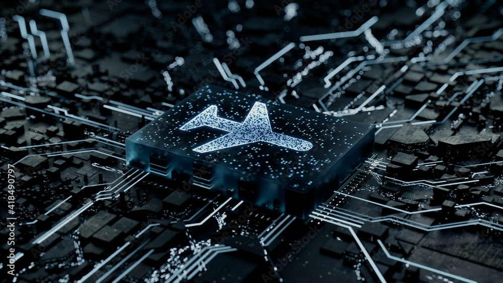 Flight Technology Concept with airplane symbol on a Microchip. Data ...