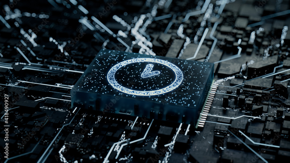 Time Technology Concept with clock symbol on a Microchip. Data flows ...