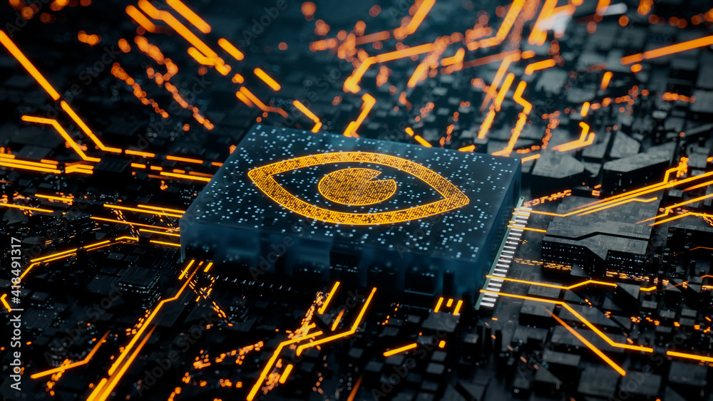 Vision Technology Concept with eye symbol on a Microchip. Data flows ...