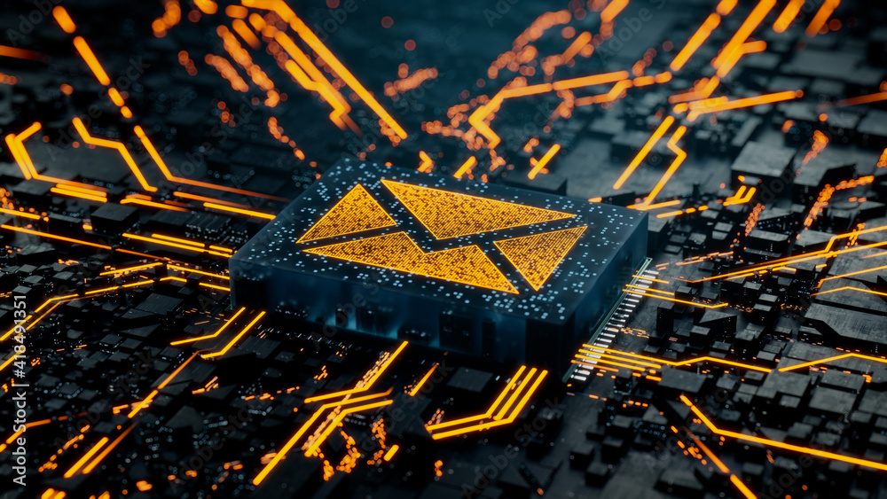 Email Technology Concept with Envelope symbol on a Microchip. Data ...