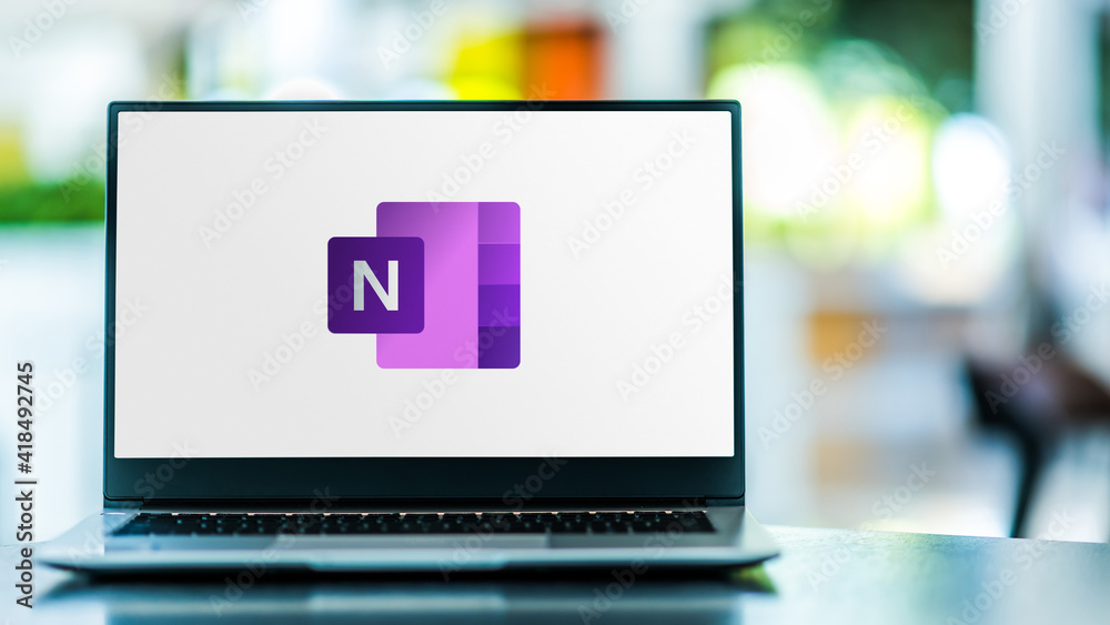 Laptop computer displaying logo of Microsoft OneNote Stock Photo ...