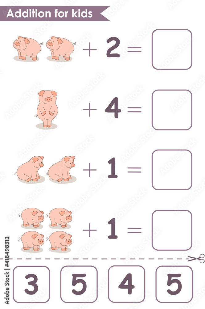 Addition game with cute pigs. Math game for kids. Solve the equations ...