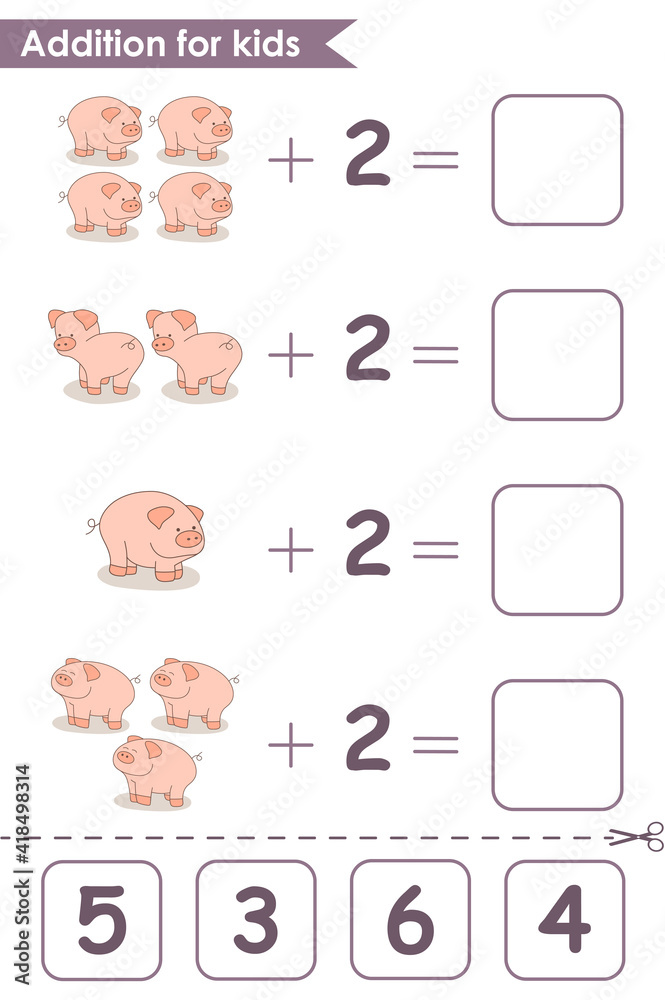 Addition game with cute pigs. Math game for kids. Solve the equations ...