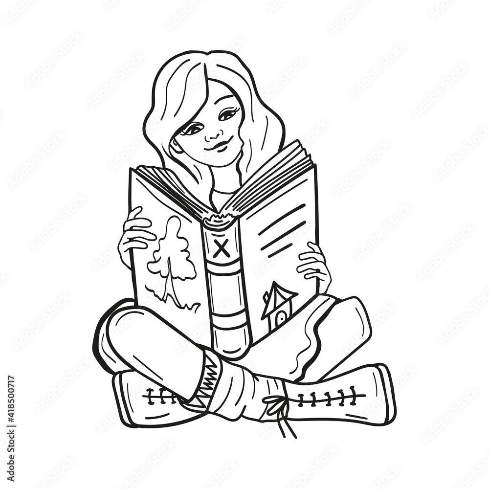 Happy teenage young girl sitting and reading book, outline illustration ...