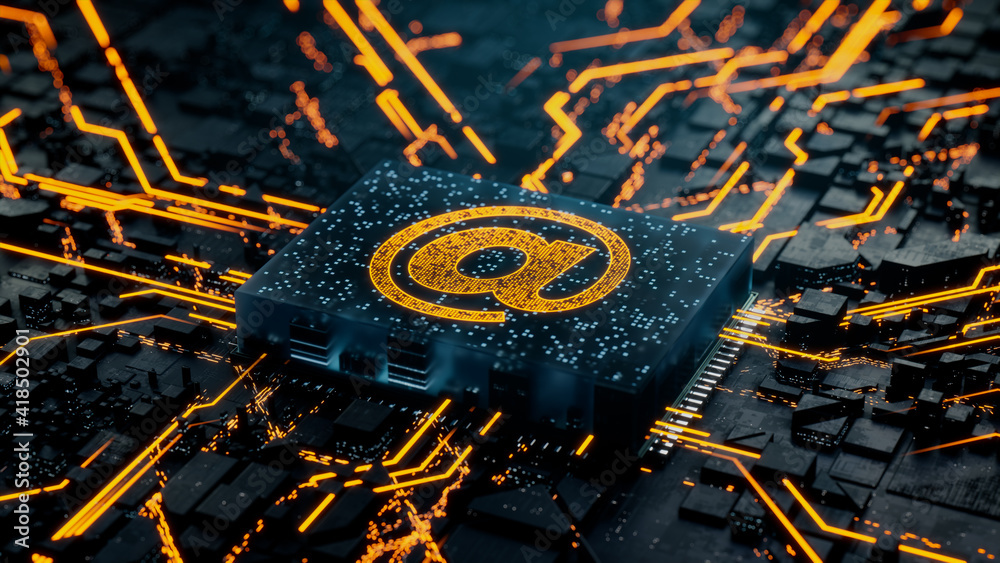 Email Technology Concept with @ symbol on a Microchip. Data flows from ...