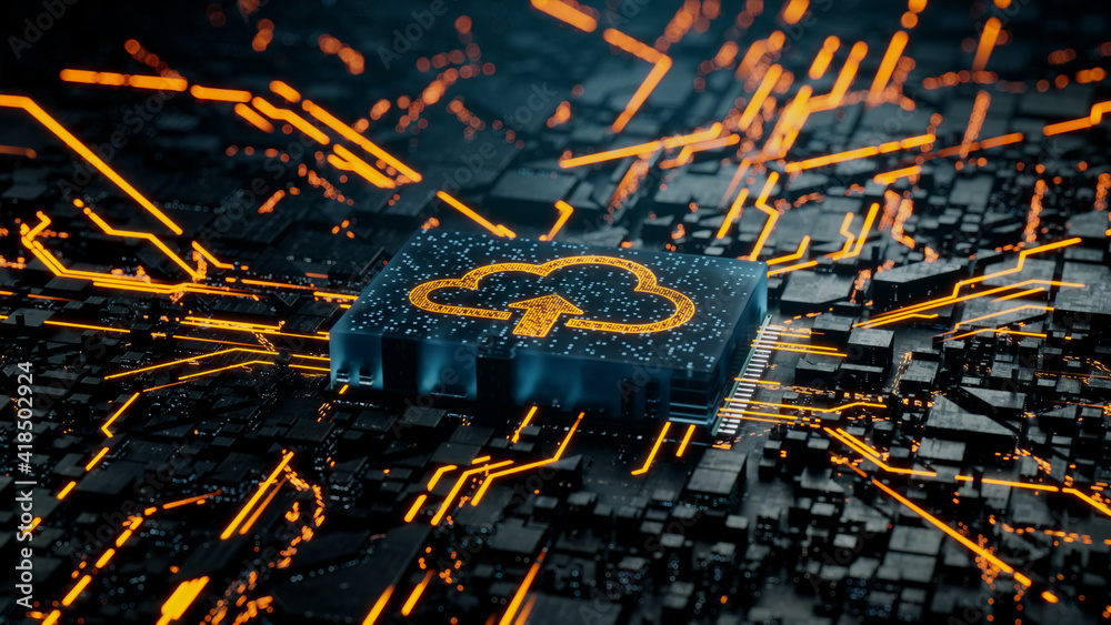 Data Storage Technology Concept With Cloud Upload Symbol On A Microchip