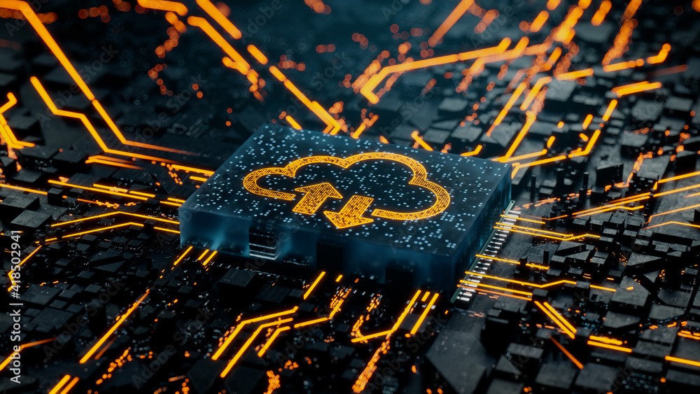 Data Storage Technology Concept With Cloud Symbol On A Microchip Data