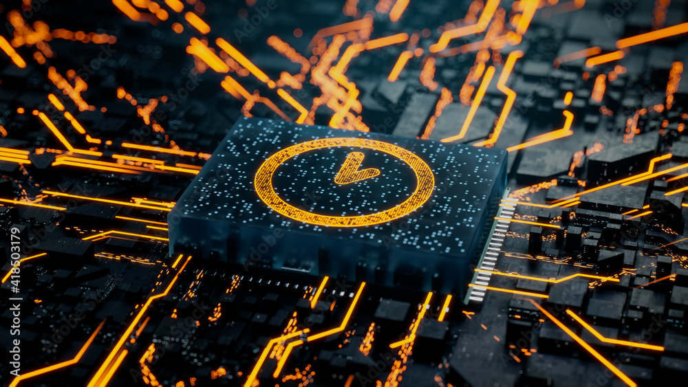 Time Technology Concept with clock symbol on a Microchip. Data flows ...