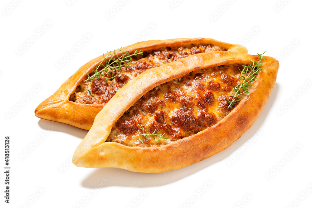 Traditional Turkish cuisine. Turkish pizza or Pita with ground beef and ...