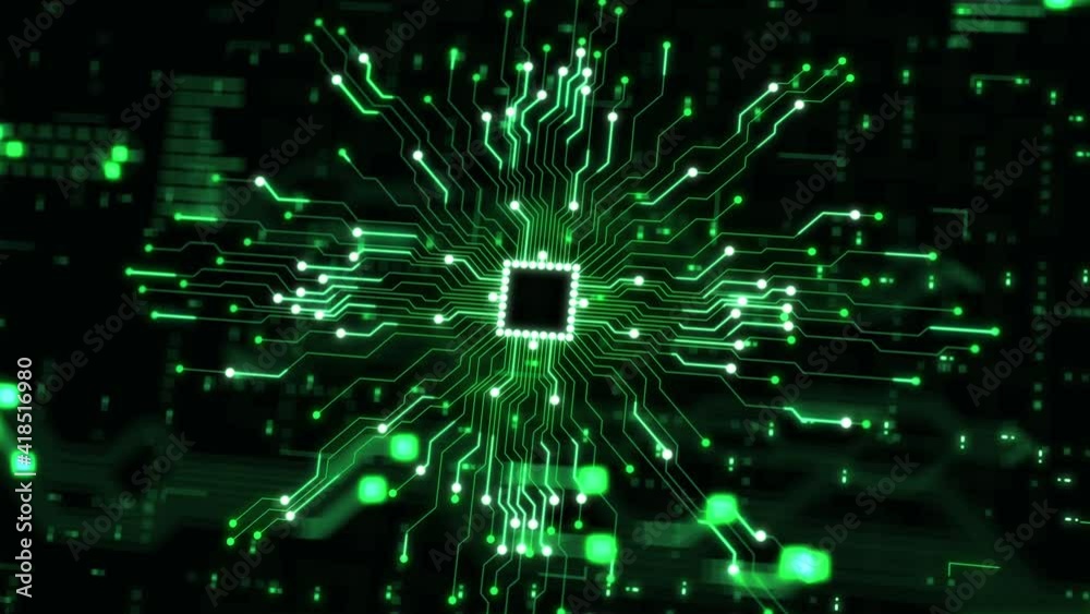 Green background with big data CPU processing futuristic circuit board ...