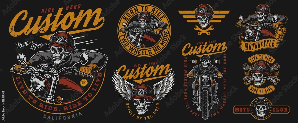 Vintage colorful motorcycle emblems set Stock Vector | Adobe Stock