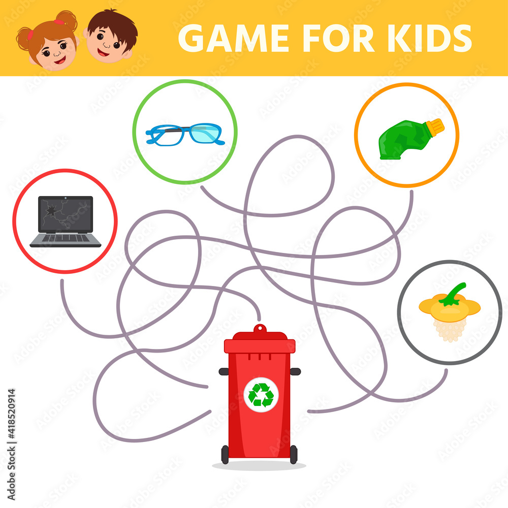 Eco educational game for kids. Labirint. What trash will end up in the ...