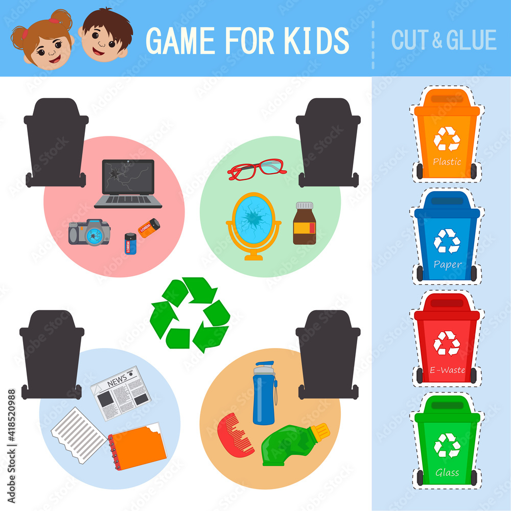 Eco educational game for kids. Cut and glue. What trash will end up in ...