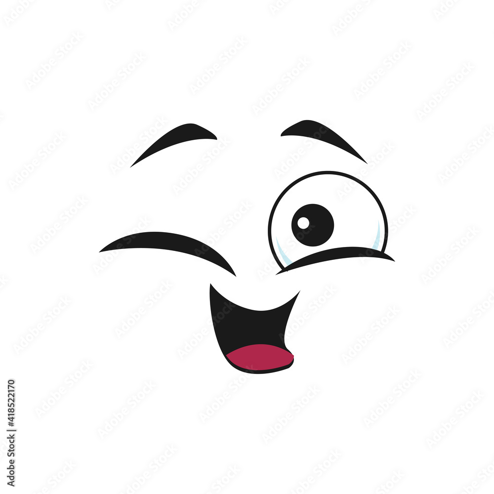 Cartoon smiling face, funny vector emoji with wink eye and smile mouth ...