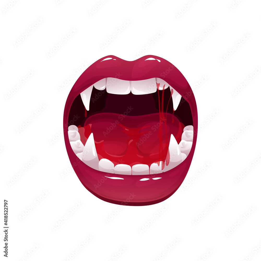 Vampire mouth with fangs vector icon. Cartoon open female red lips with ...