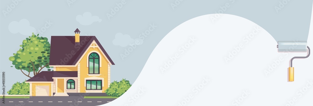 construction site banner,flyer or header template.Cozy house in flat ...