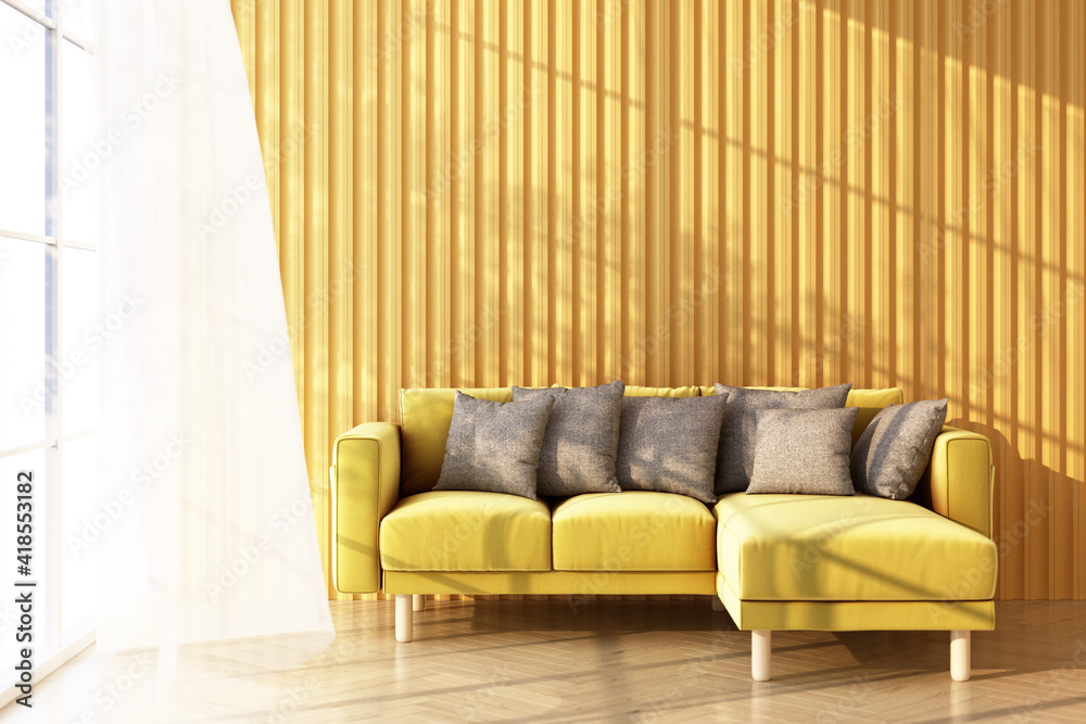 yellow sofa on wooden floor Light shines through the window and shadows ...