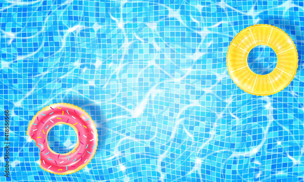 Swimming pool with two floating rings, caustic ripple and sunlight ...