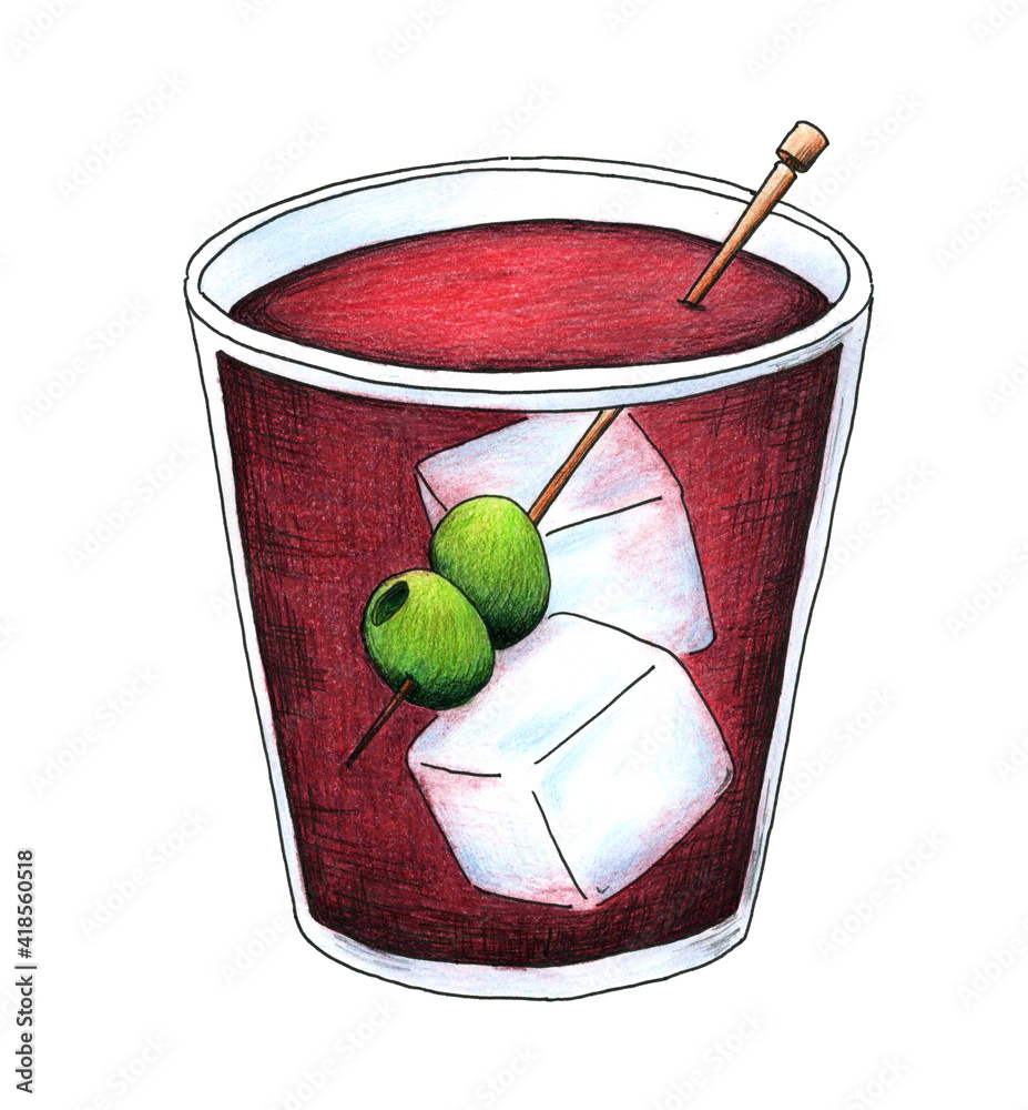 Ilustración en lápiz de un vaso de vermut rojo con cubitos de hielo y ...