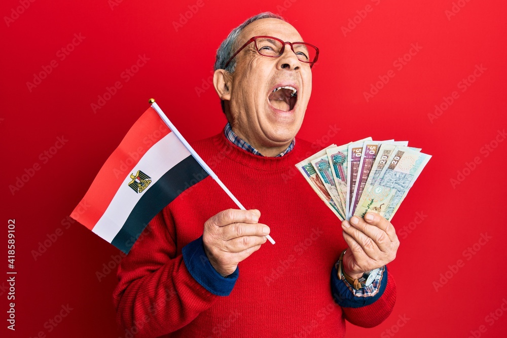 Handsome senior man with grey hair holding egypt flag and egyptian ...
