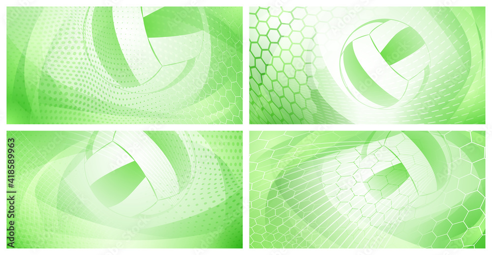 Set of four volleyball backgrounds with big ball in light green colors ...