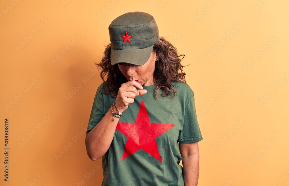 Middle age brunette woman wearing t-shirt and cap with red star symbol ...